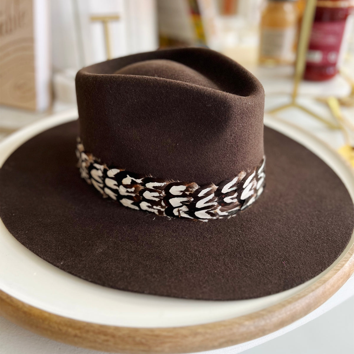 Chocolate Suede Hat w/ Brown/White Scallop Feathers – Lucy Rose